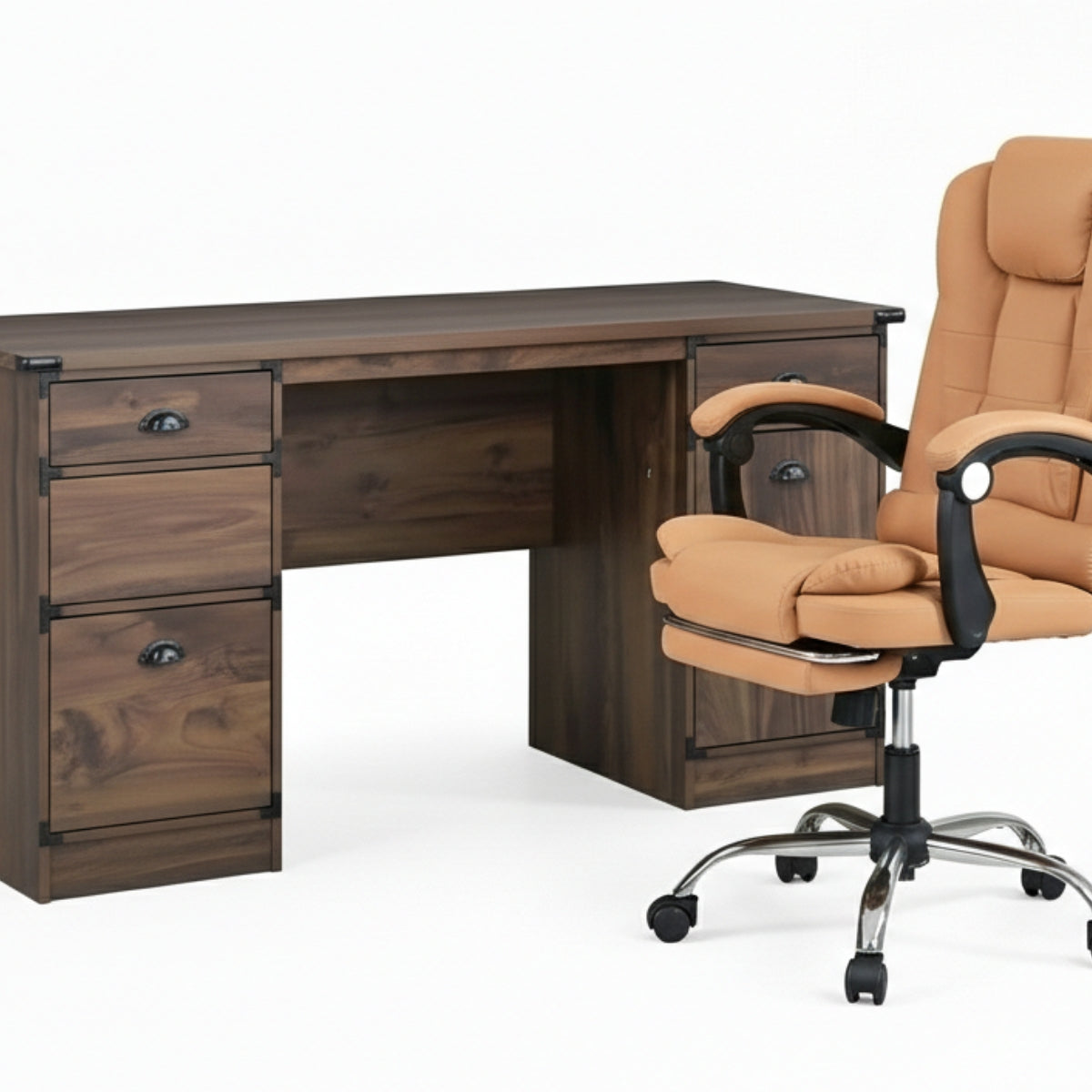 Executive Desk Dark Walnut & Colson Massage Office Chair PVC Khaki (Co ...