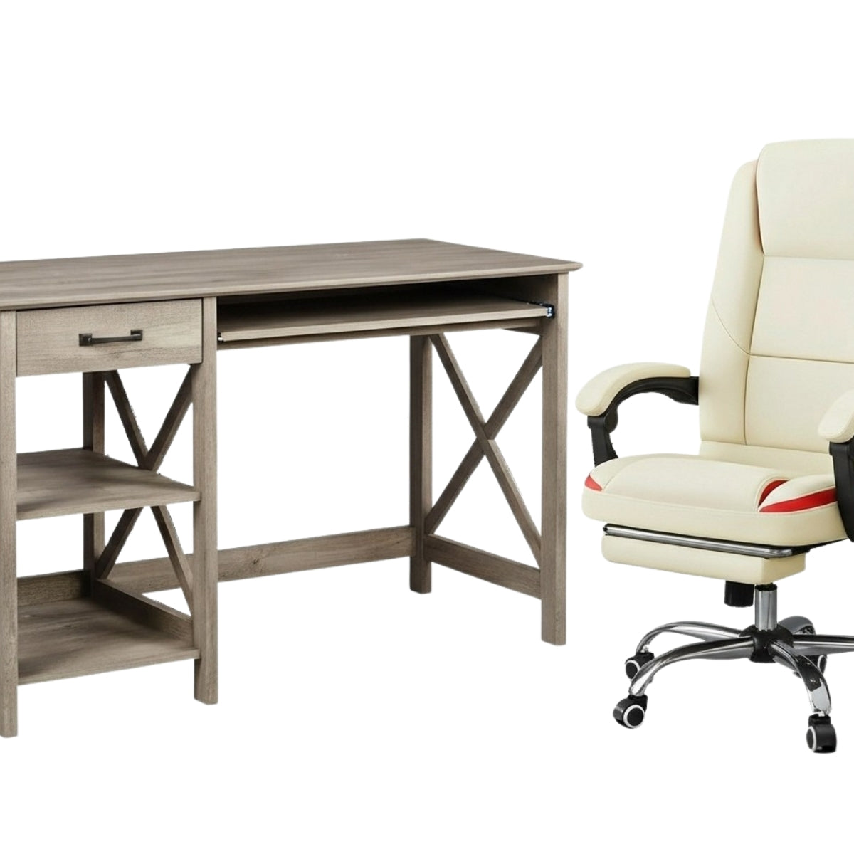 Writing Desk Rustic Oak & Siena Executive Office Chair PU Beige (Combo ...