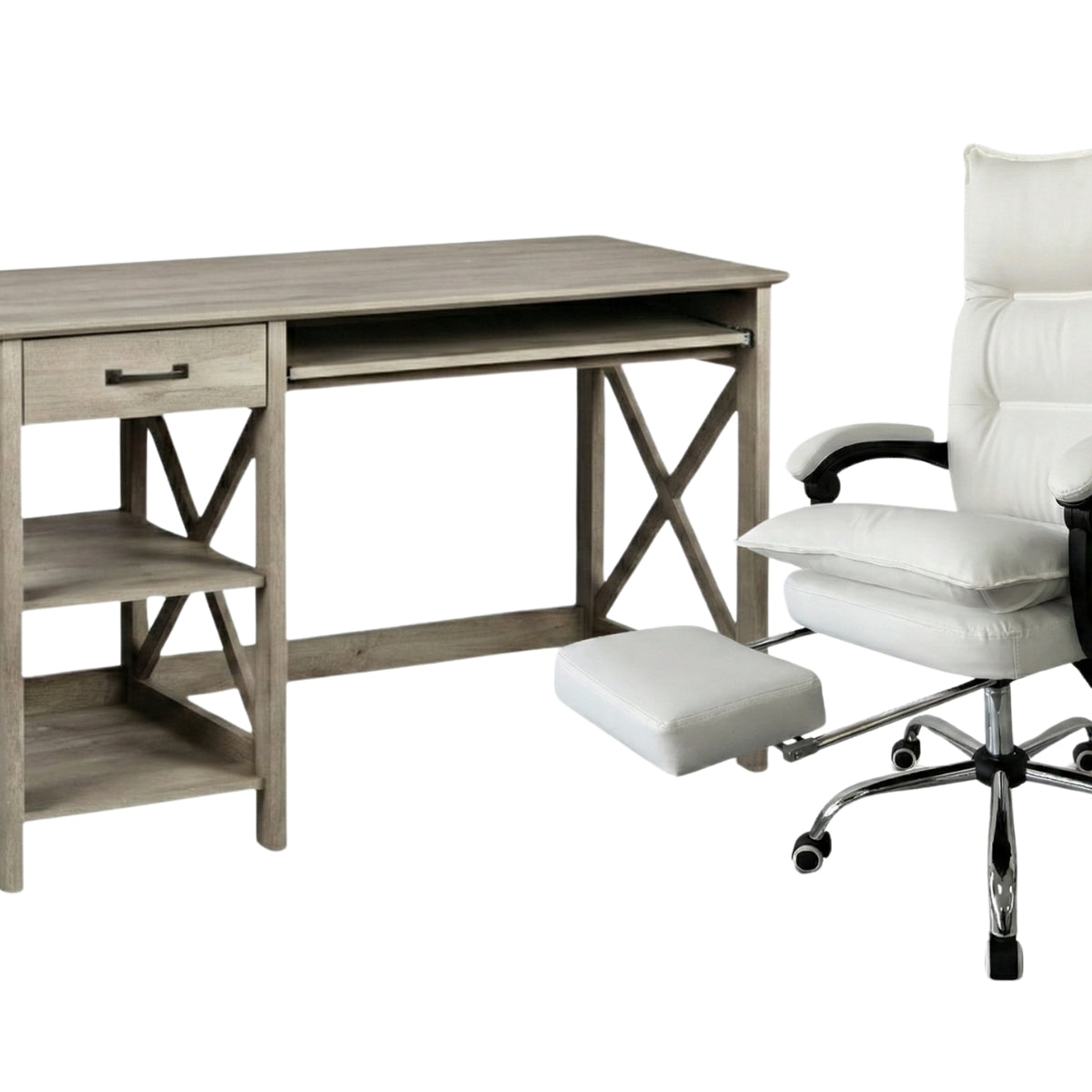 Writing Desk Rustic Oak & New Markus Office Chair with Footrest PU Whi ...