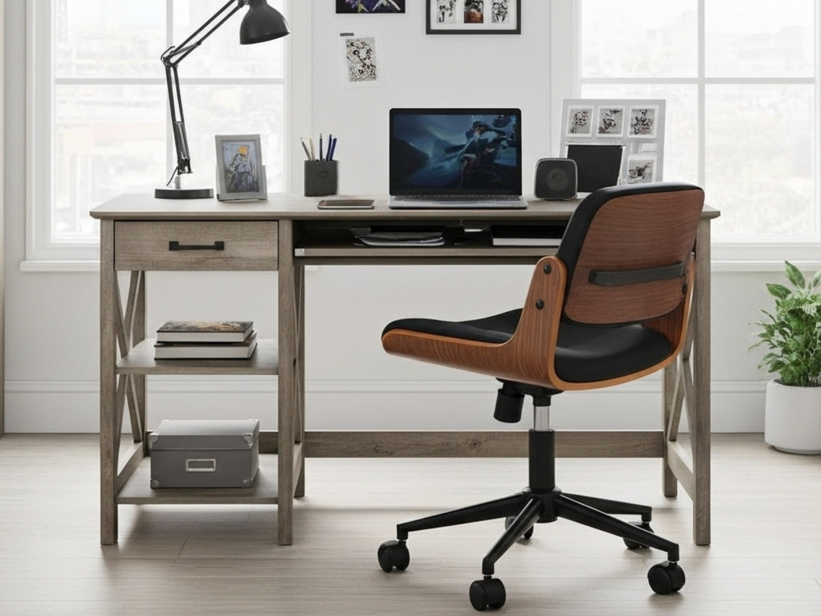 Writing Desk Rustic Oak & Rocket Wooden Executive Office Chair (Combo ...