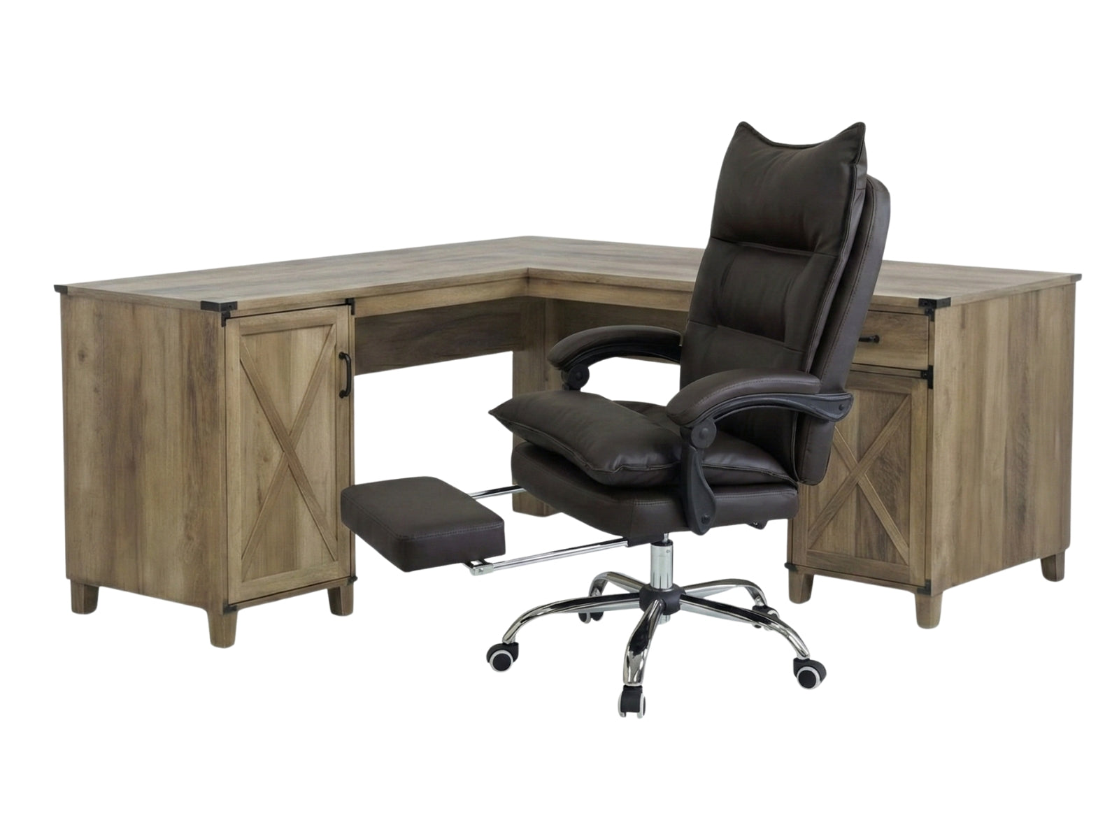 L-Shaped Desk Rustic Oak & New Markus Office Chair with Footrest PU Co ...
