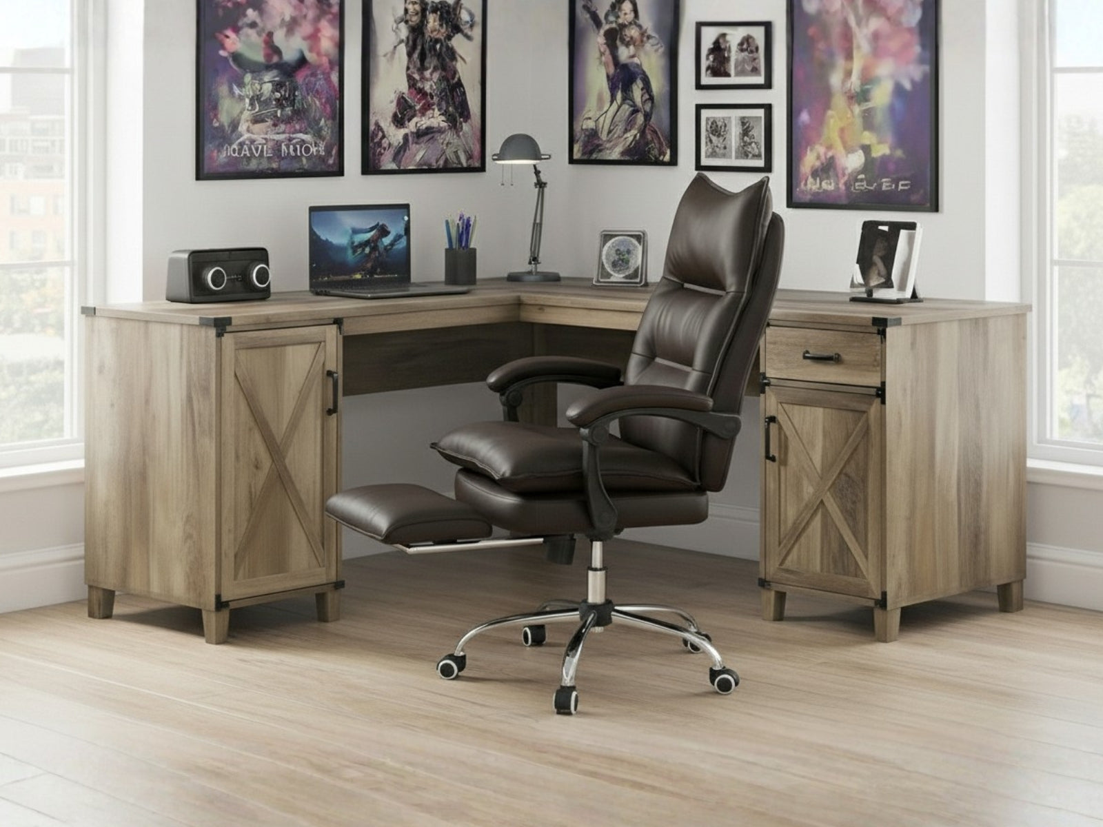L-Shaped Desk Rustic Oak & New Markus Office Chair with Footrest PU Co ...