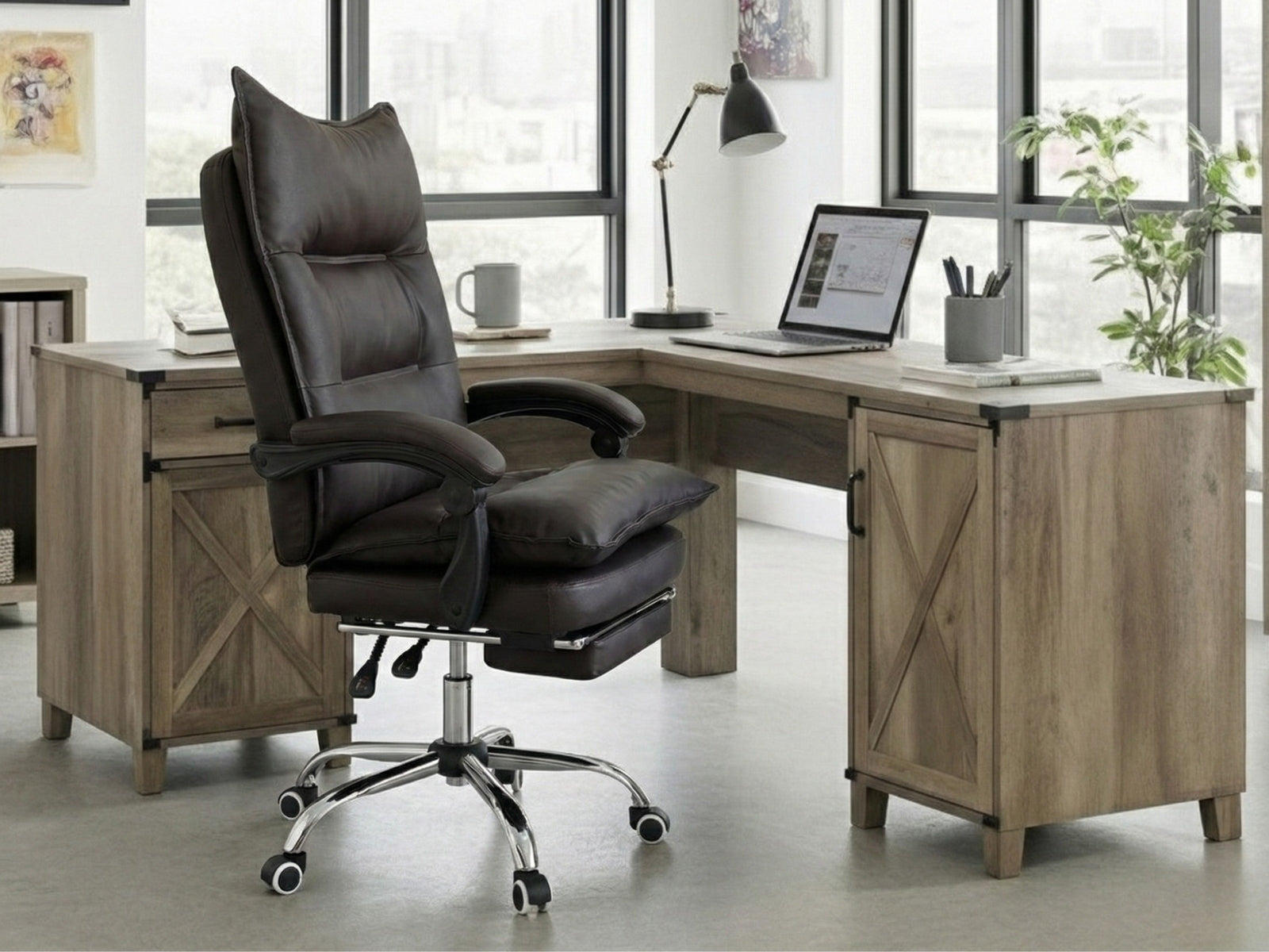 L-Shaped Desk Rustic Oak & New Markus Office Chair with Footrest PU Co ...
