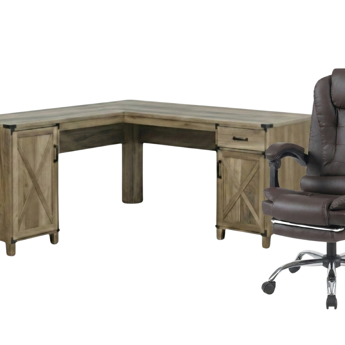 L-Shaped Desk Rustic Oak & Colson Massage Office Chair PVC Dark Brown ...