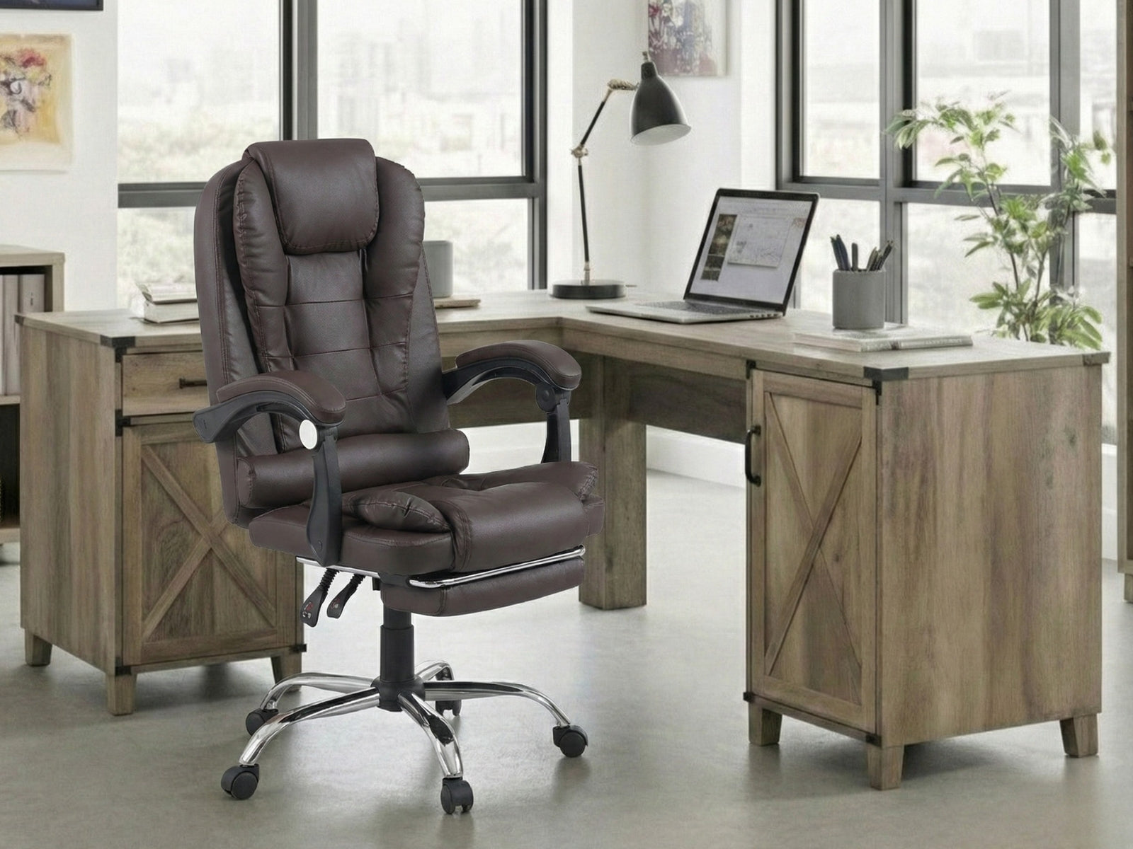 L-Shaped Desk Rustic Oak & Colson Massage Office Chair PVC Dark Brown ...