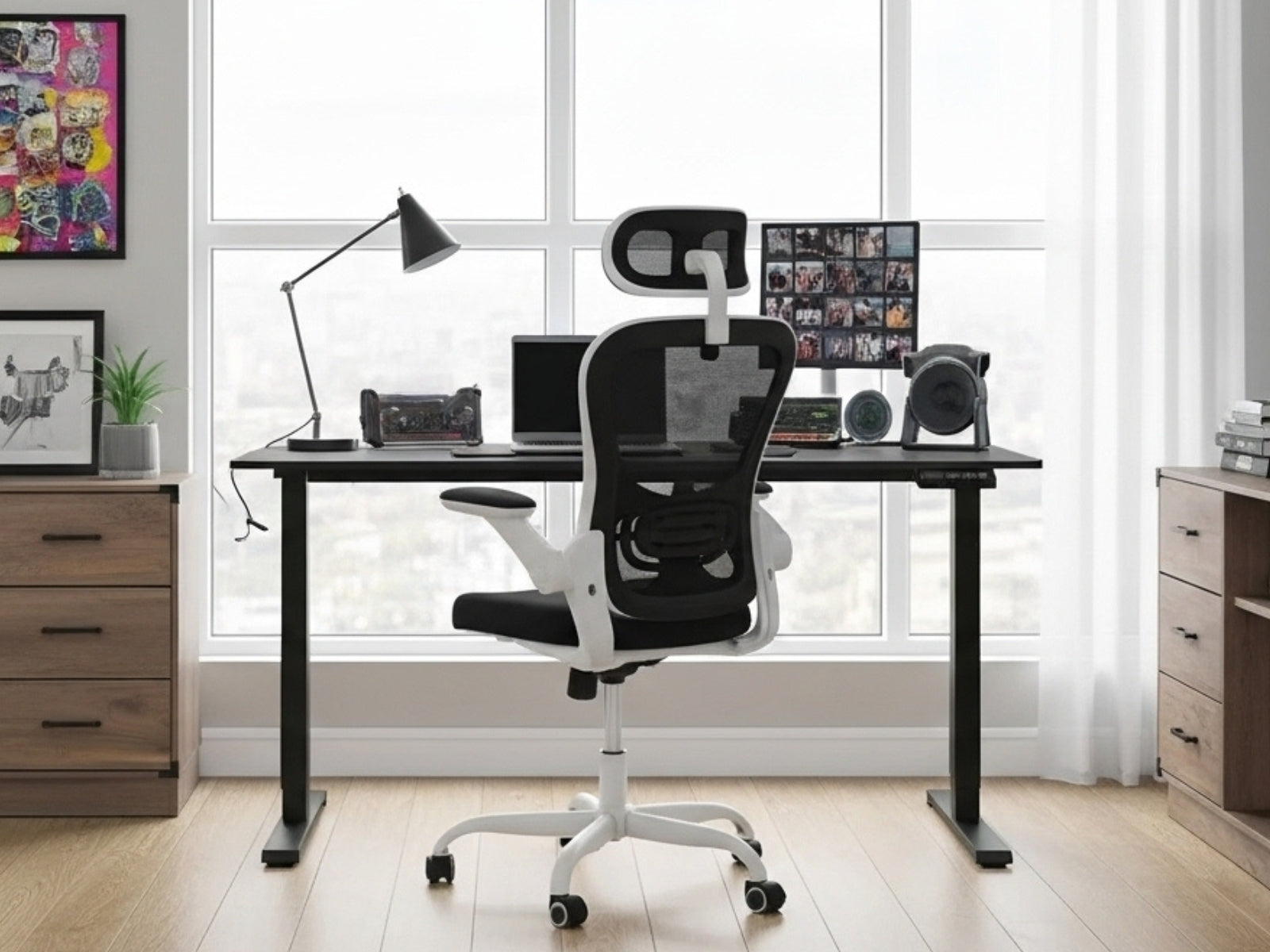Height Adjustable Desk Set LK All Black & Molina Mesh Task Chair White ...