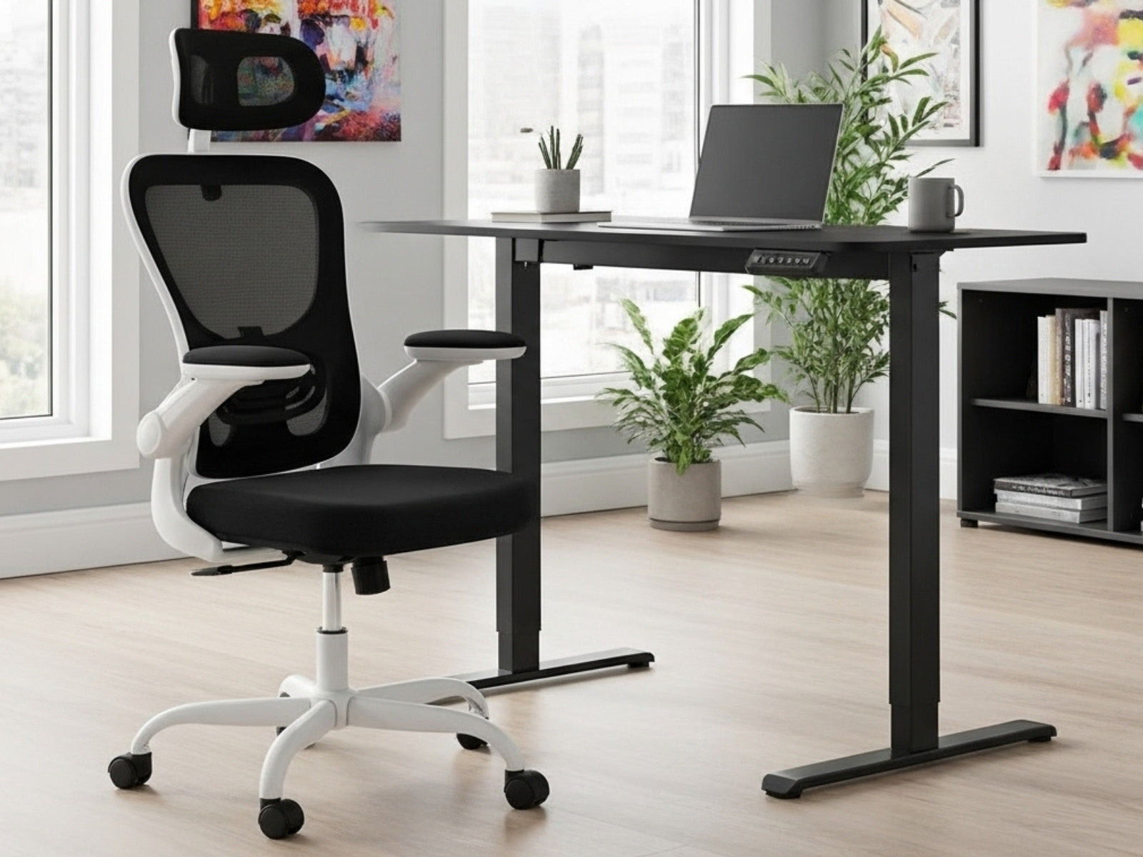 Height Adjustable Desk Set LK All Black & Molina Mesh Task Chair White ...