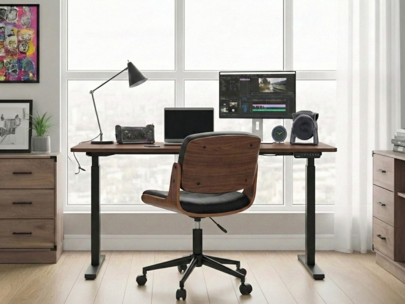 Height Adjustable Desk Set LK walnut Black & Rocket Wooden Executive O ...