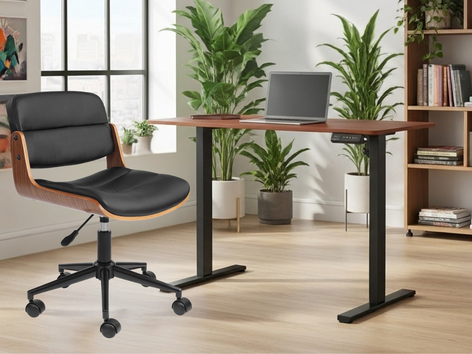 Height Adjustable Desk Set LK walnut Black & Rocket Wooden Executive O ...
