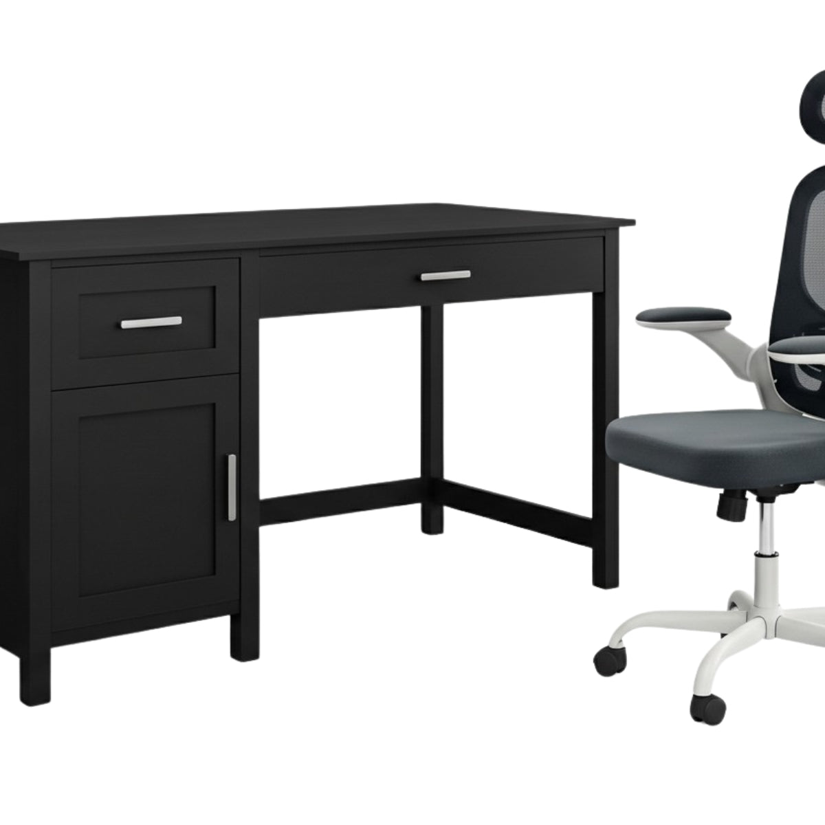 Home Office Desk with Storage Black & Molina Mesh Task Chair White+Gre ...