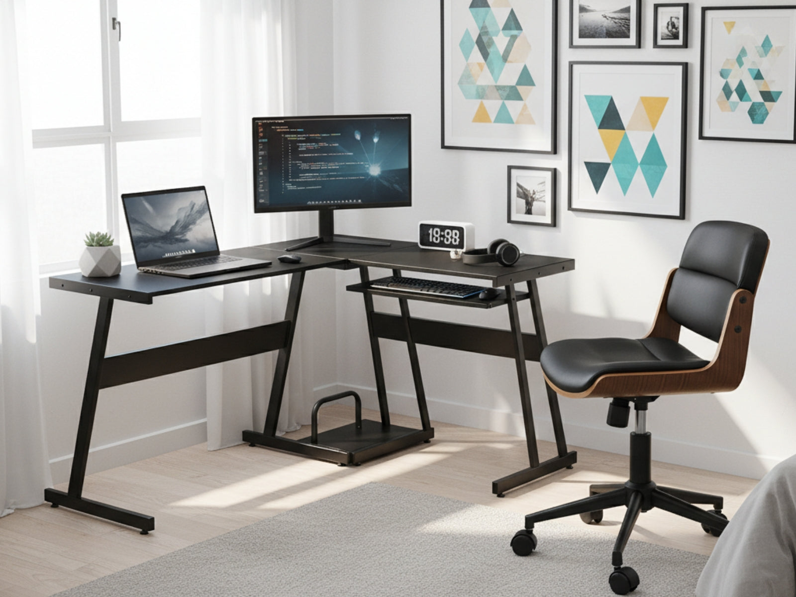 Irina L-Shaped Computer Desk & Rocket Wooden Executive Office Chair (C ...