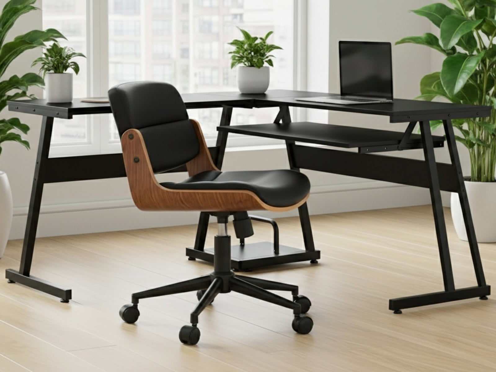 Irina L-Shaped Computer Desk & Rocket Wooden Executive Office Chair (C ...